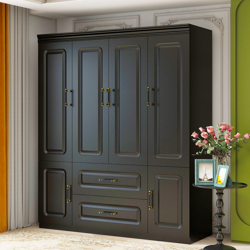 Freestanding Wardrobe Armoire for Bedroom 4 Door Wardrobe with Drawers Black